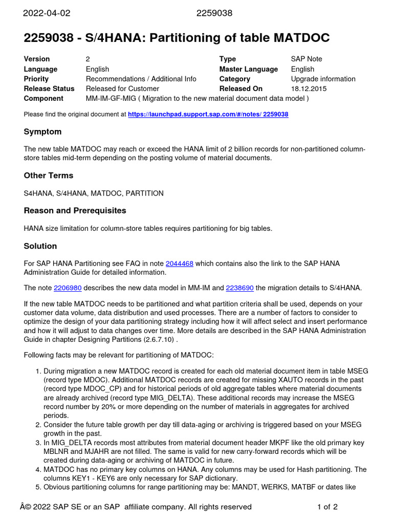 S/4HANA: Partitioning of Table MATDOC: Symptom | PDF | Data | Cybernetics