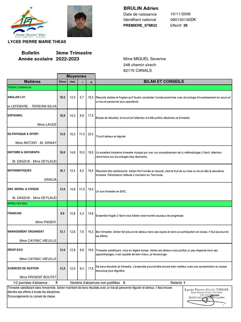 Bulletin Scolaire 3ème Trimestre 2022-2023 | PDF
