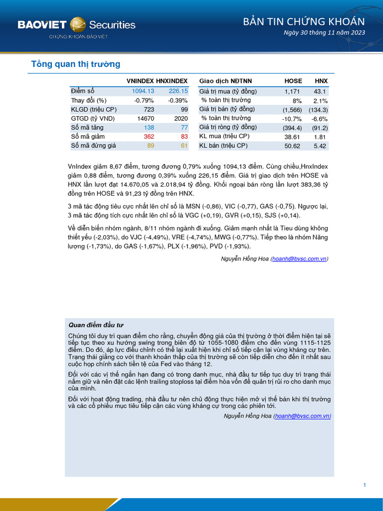 BVSC Bản Tin Chứng Khoán 30112023 | PDF