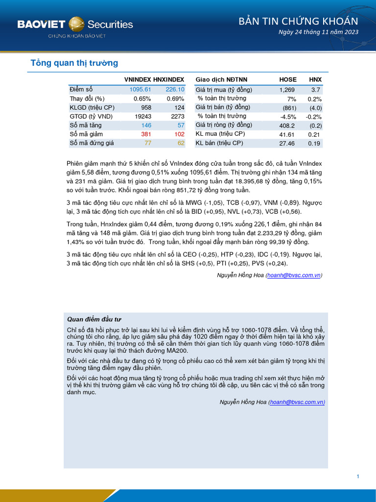 BVSC Bản Tin Chứng Khoán 24112023 | PDF