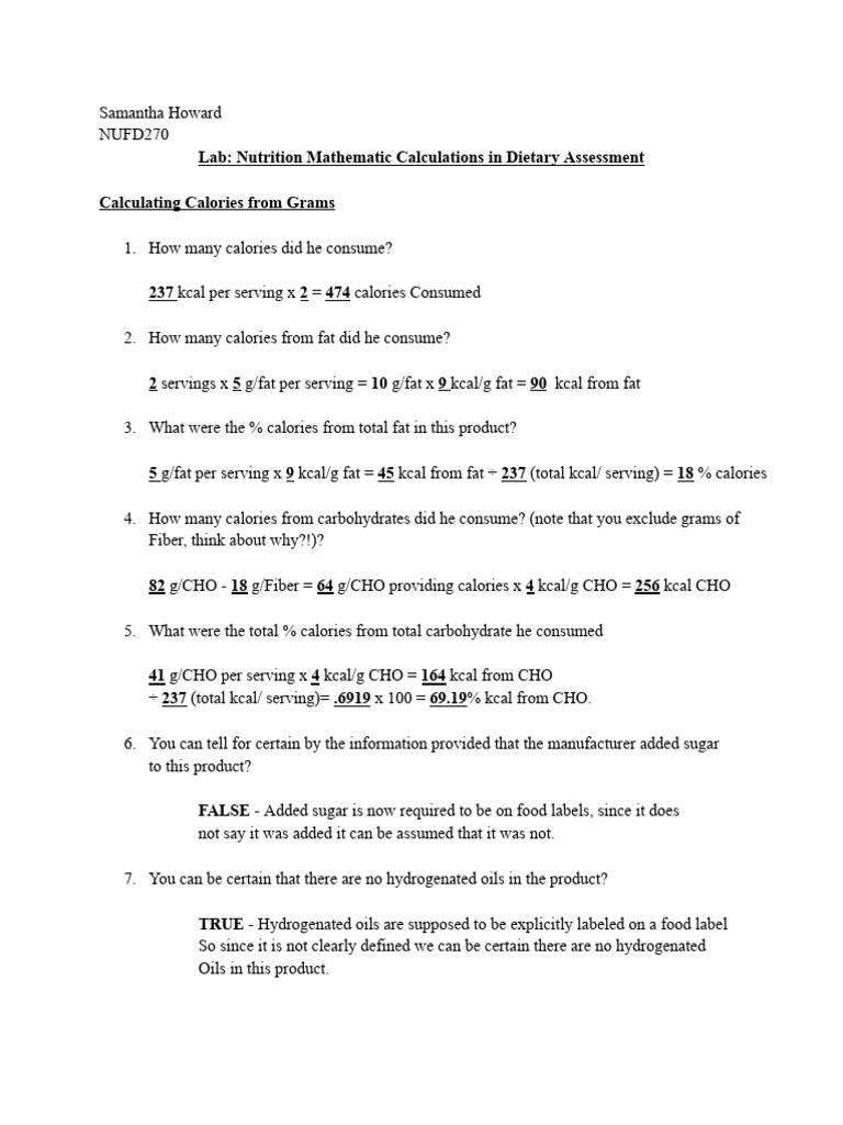 Nutrition Math Lab 1 | PDF | Calorie | Fat