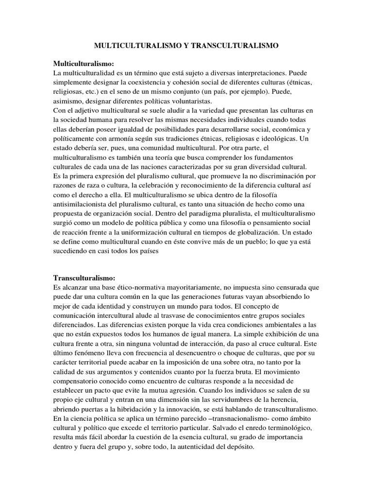 Multiculturalismo y Transculturalismo | PDF | Multiculturalismo | Nación