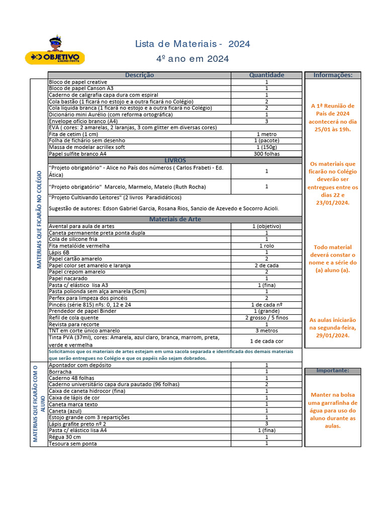 Lista Material 2024 | PDF | Caneta | Papel