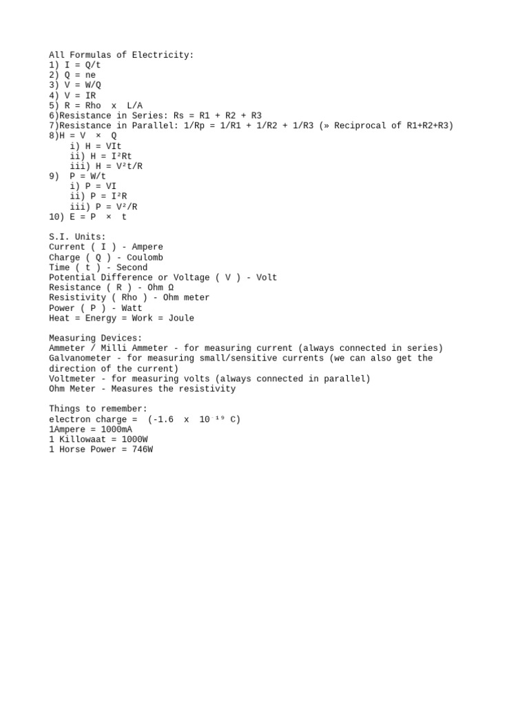 All Formulas of Electricity | PDF | Science & Mathematics
