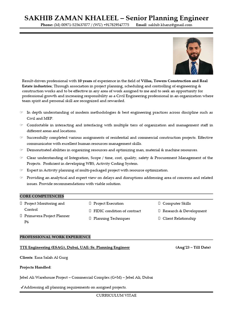 Senior Planning Engineer Profile | PDF | Dubai | Procurement
