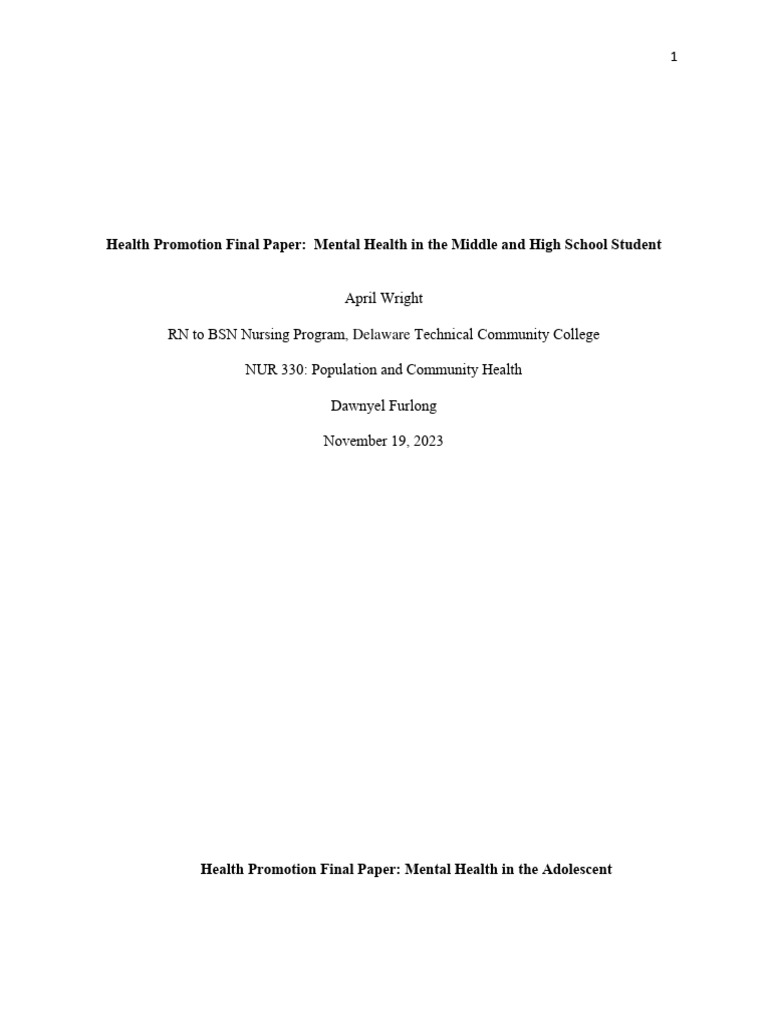 Nur 330 Health Promotion Final Paper Apa Mental Health in Middle and ...