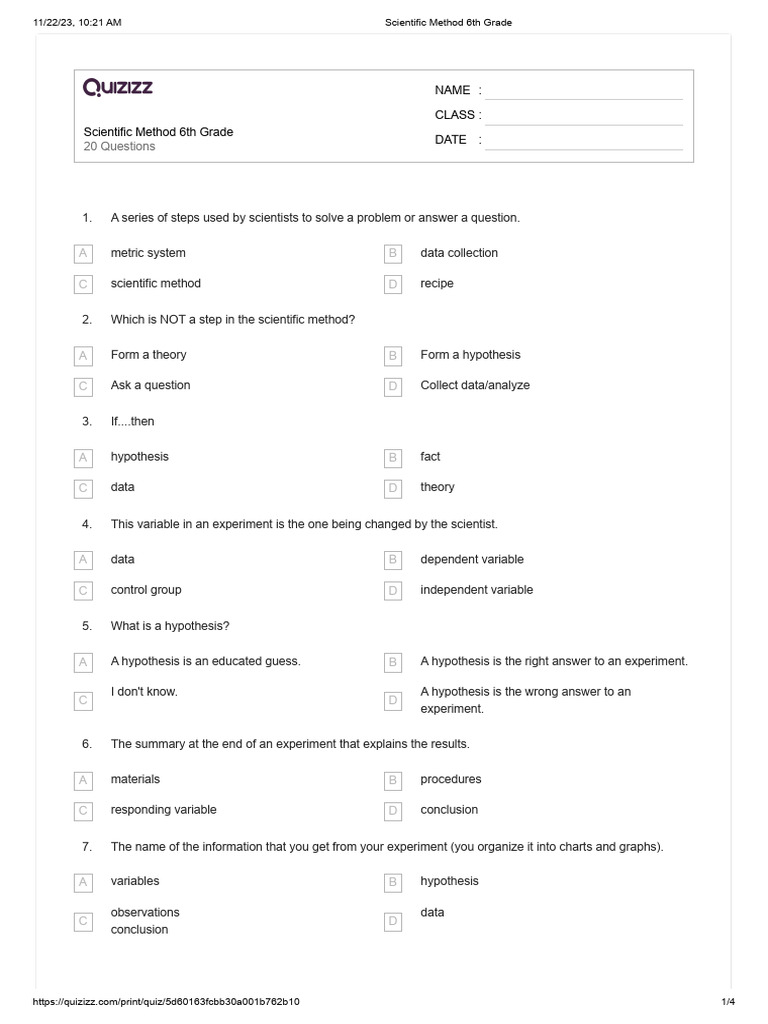 6th Grade Scientific Method Quiz | PDF | Experiment | Hypothesis