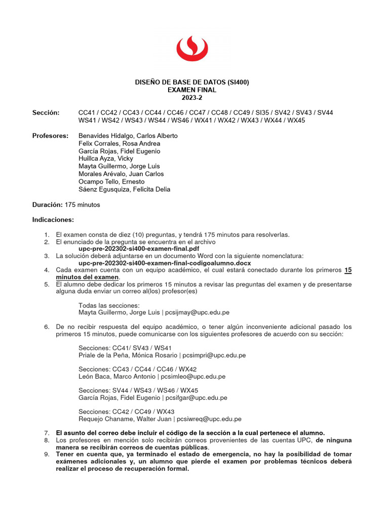 Upc Pre 202302 Si400 Examen Final Remoto 05 | PDF | SQL | Ciencias de la Computación