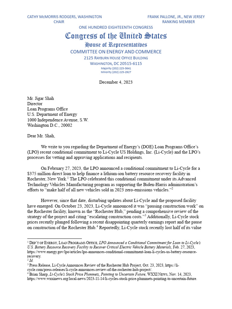 LPO Letter Re Li-Cycle | PDF | United States Department Of Energy