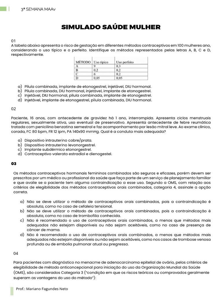 Simulado 02 | PDF | Anticoncepcionais | Pílula anticoncepcional