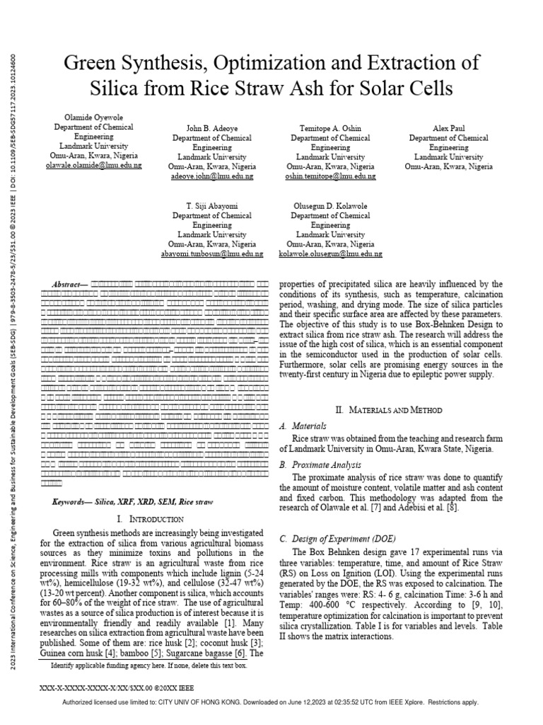 Oyewole et al 2023_Green Synthesis Optimization and Extraction of Silica from Rice Straw Ash for ...