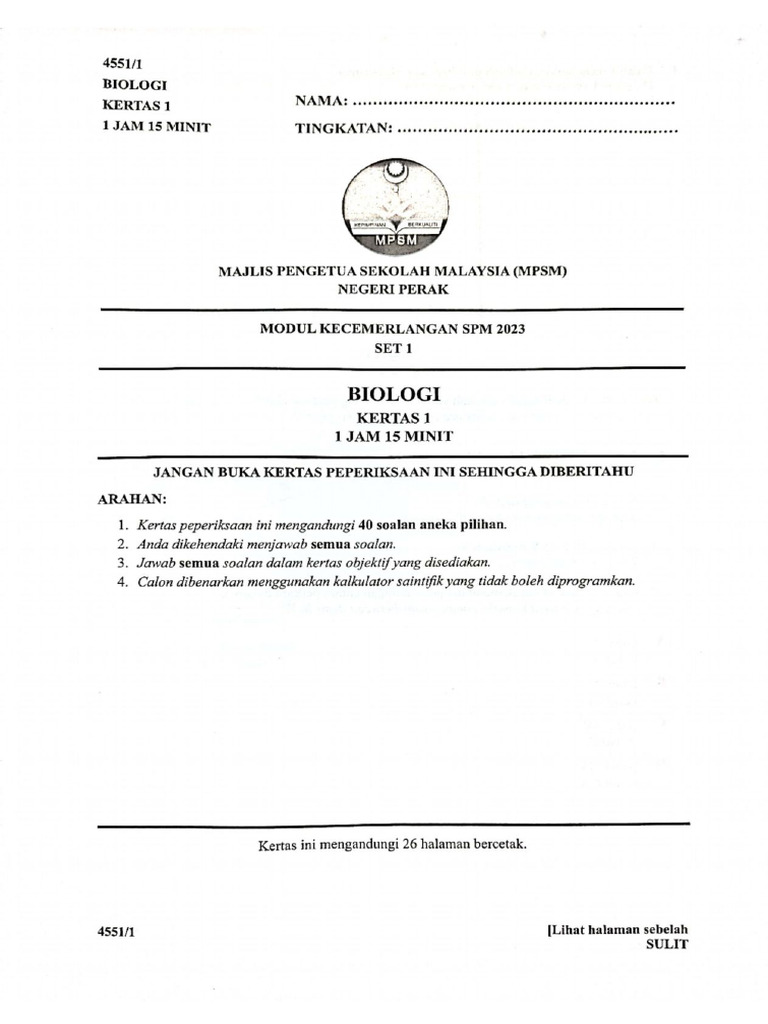 Bio K1 Trial Perak 2023 | PDF