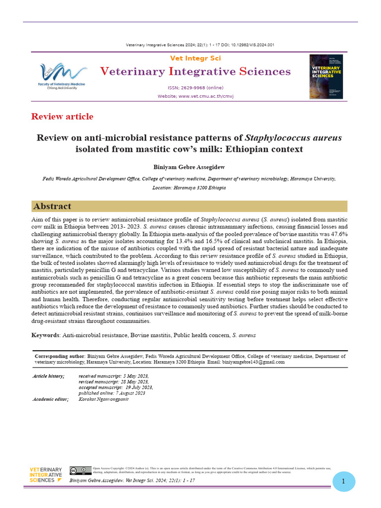 Review On Anti-Microbial Resistance Patterns of Staphylococcus Aureus Isolated From Mastitic Cow ...