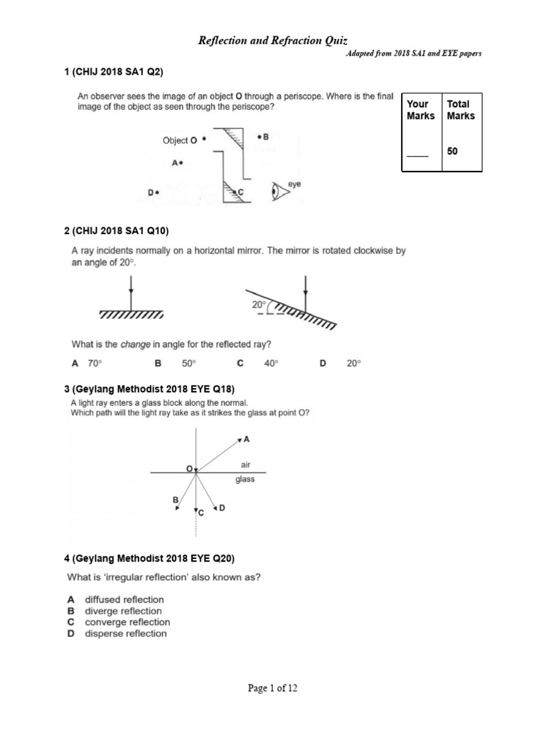 Reflection and Refraction Quiz Sec 1 | PDF