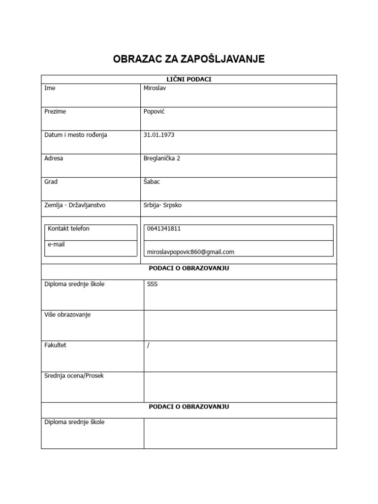 Obrazac Za Zapošljavanje | PDF