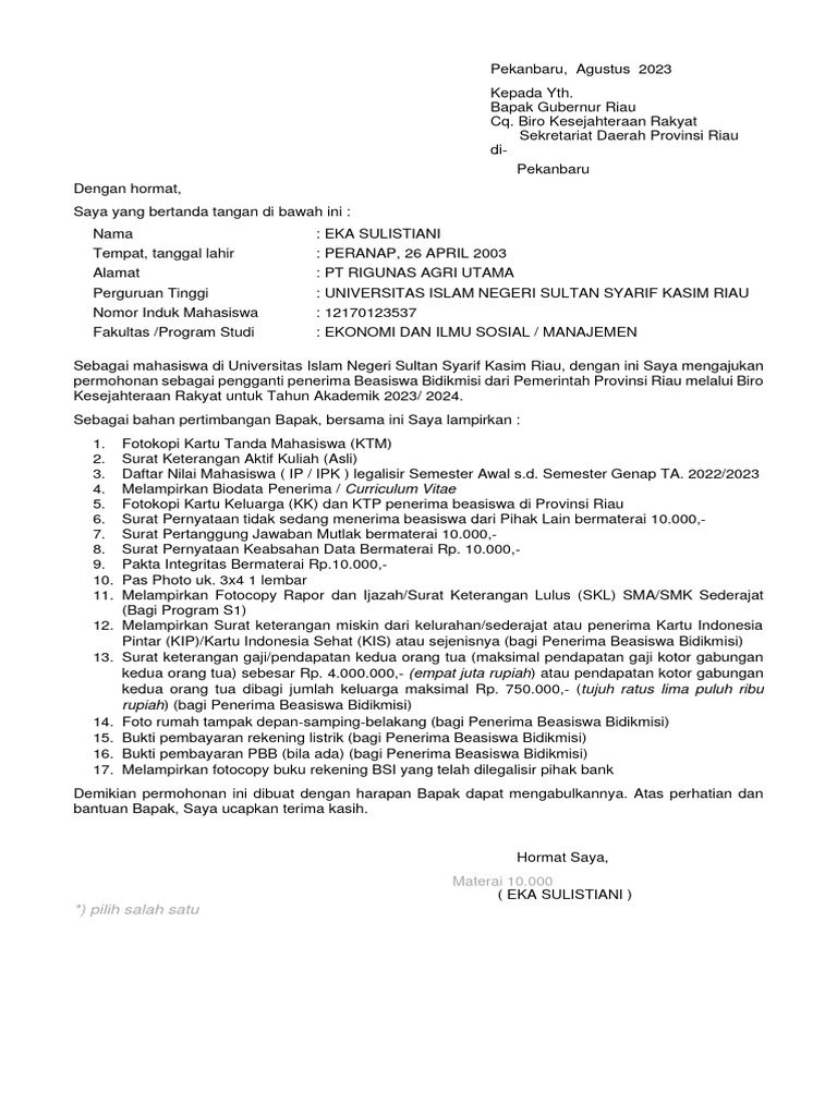 Lampiran Beasiswa Tahun 2023 - Pengganti EKA | PDF
