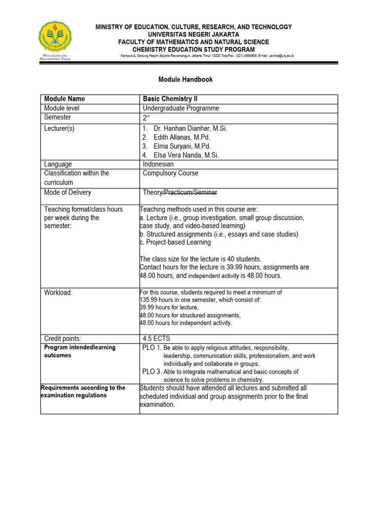 Module Handbook - Basic Chemistry II | PDF | Chemical Equilibrium ...