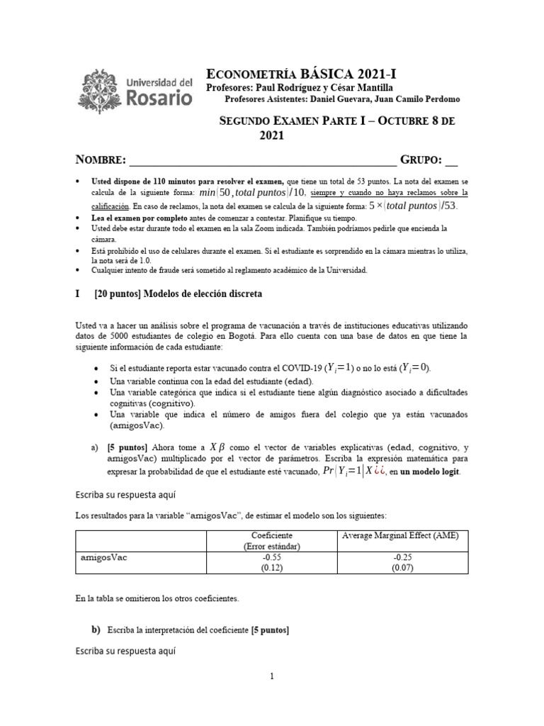 Econometria Basica Examen 2-2021-II Parte 1 | PDF | Econometría | Matemáticas
