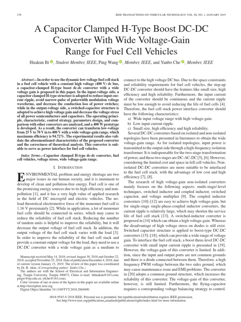 A Capacitor Clamped H-Type Boost DC-DC Converter With Wide Voltage-Gain Range For Fuel Cell ...