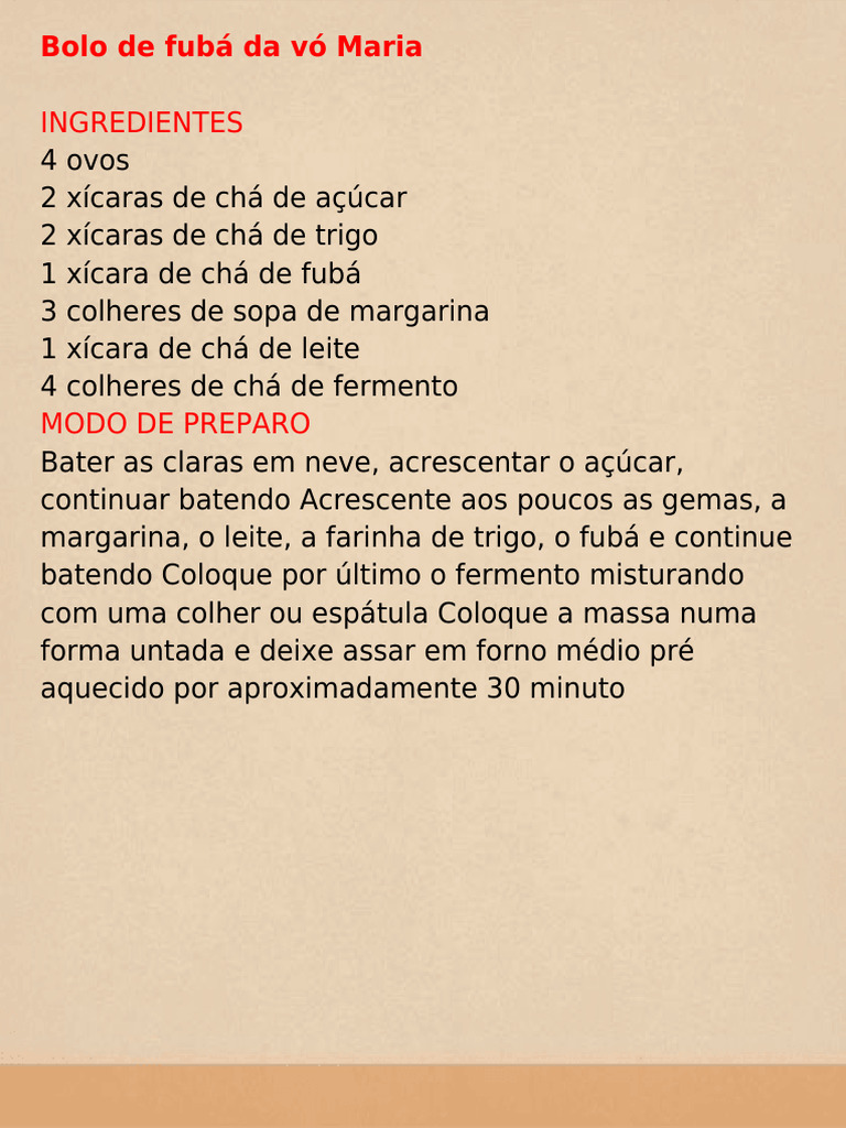 Receitas de Bolos: Fubá e Chocolate | PDF