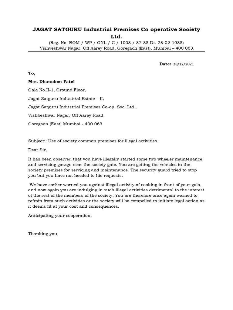 Letter For 2 Wheeler Garage | PDF