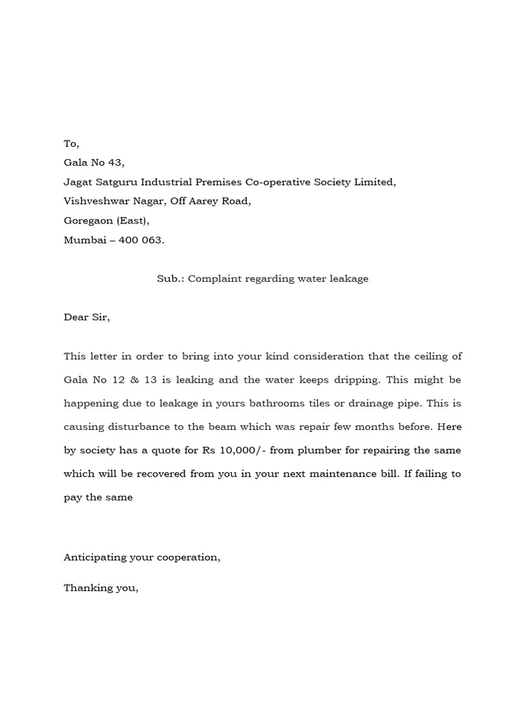 Letter for Damages to Water Pipes | PDF
