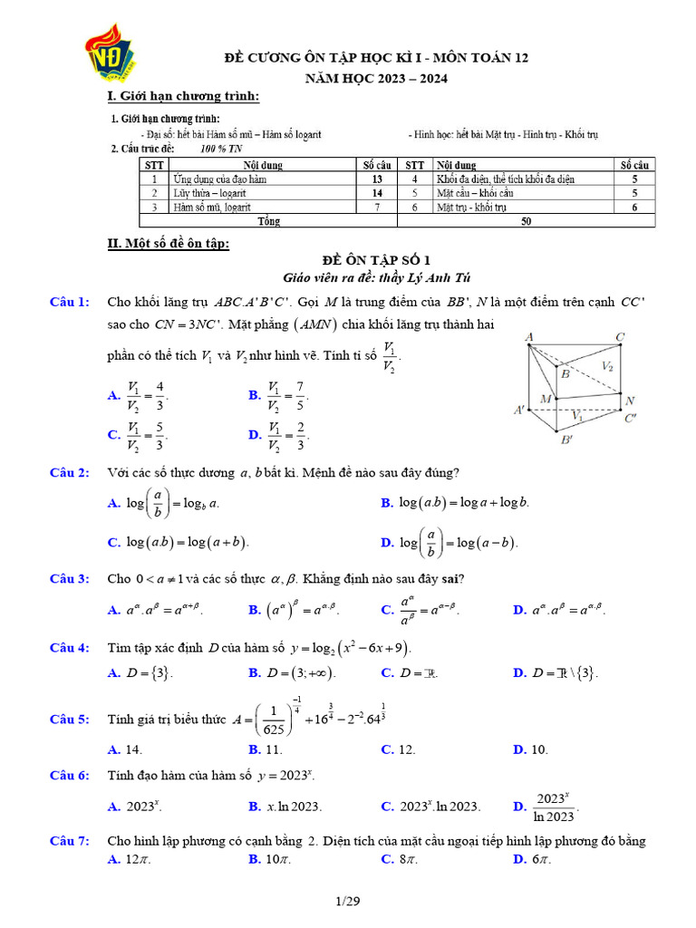 05 de On Tap Cuoi Ki 1 Toan 12 Nam 2023 2024 Truong THPT Viet Duc Ha Noi | PDF