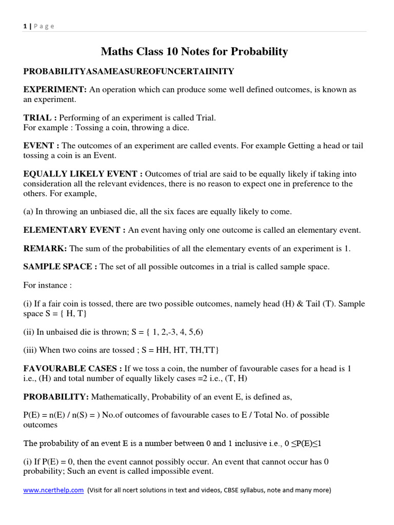 Maths Notes For Class 10 Chapter 15 Probability | PDF | Probability ...