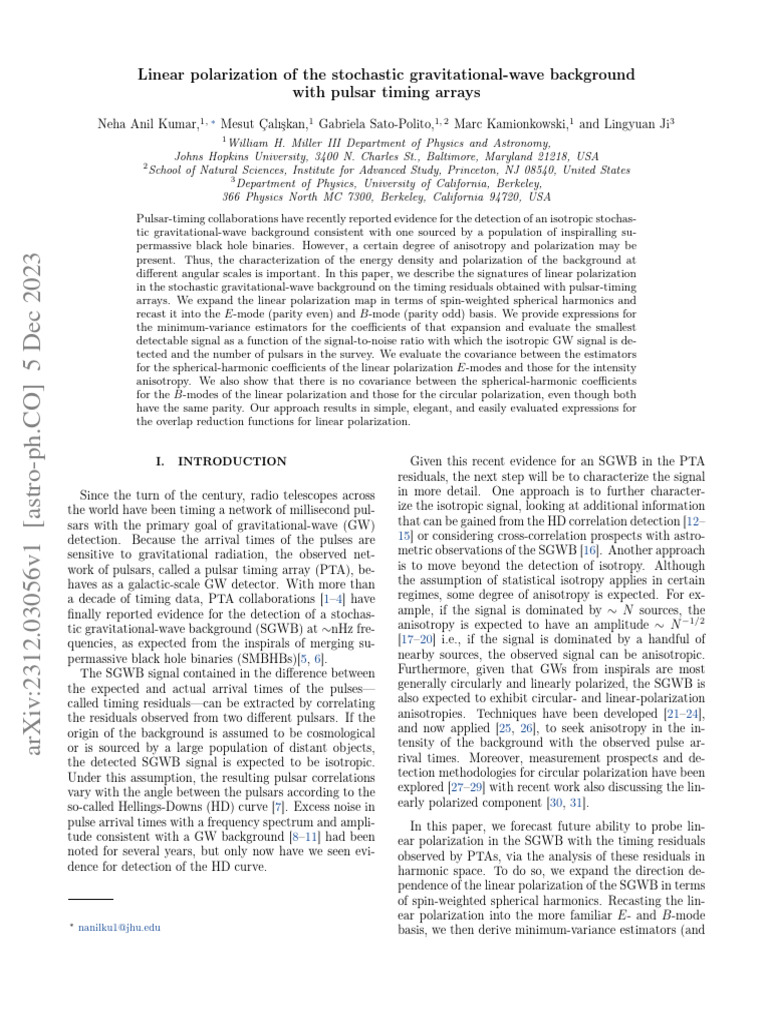 2023 Kumar - Linear Polarisation of The Stochastic Gravitational Wave-Background | PDF | Cosmic ...