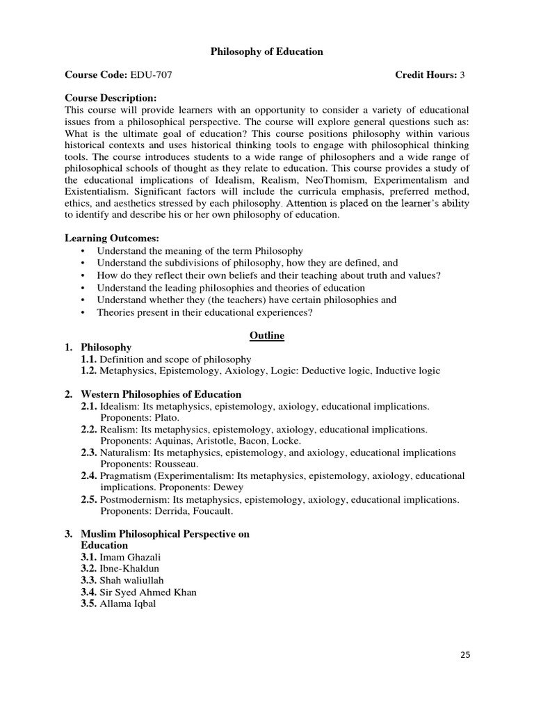 Course Outline Philosophy of Education Edu 707 B | PDF | Philosophy Of Education | Epistemology