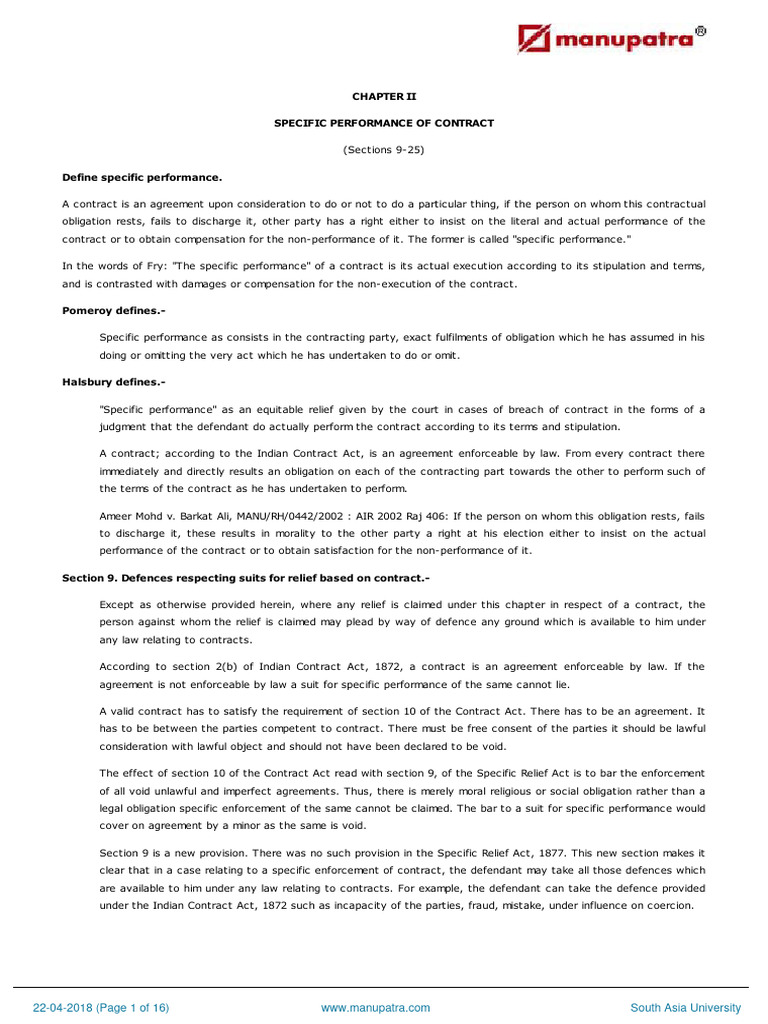 Specific Performance of Contract | PDF | Legal Remedy | Specific ...