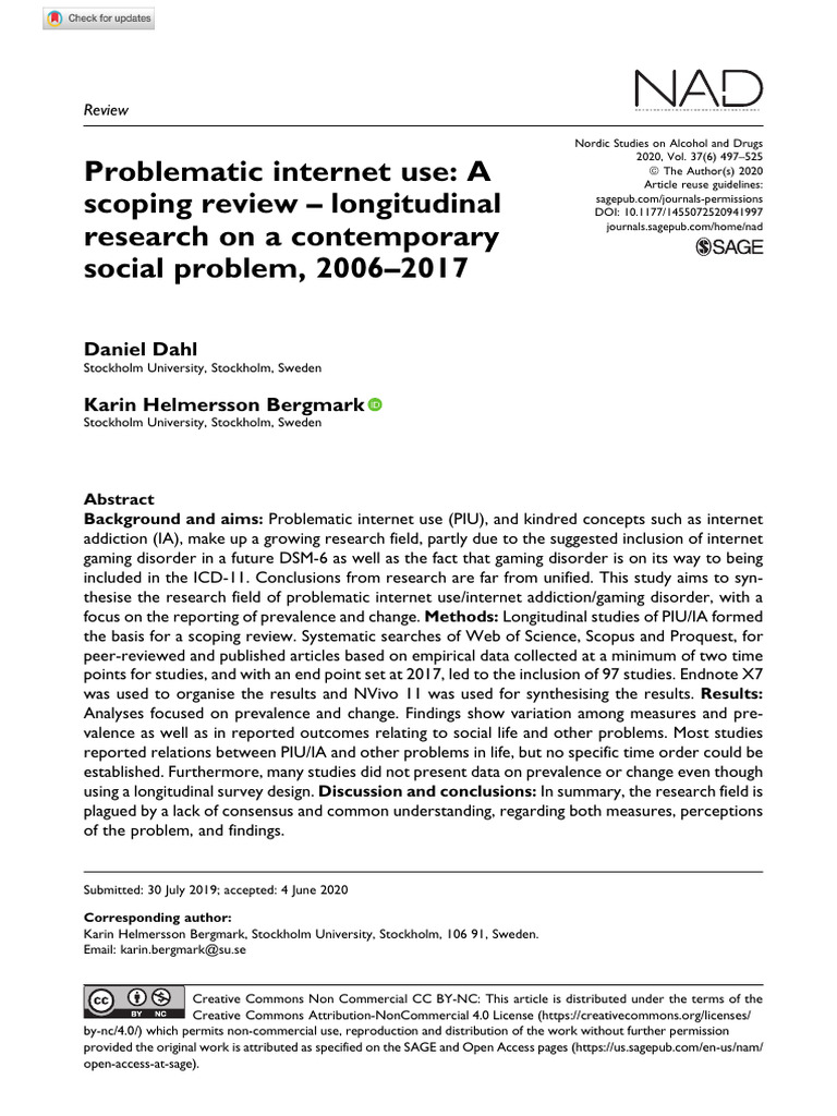 (Dahl & Bergmark 2020) Problematic Internet Use A Scoping Review Longitudinal Research On A ...
