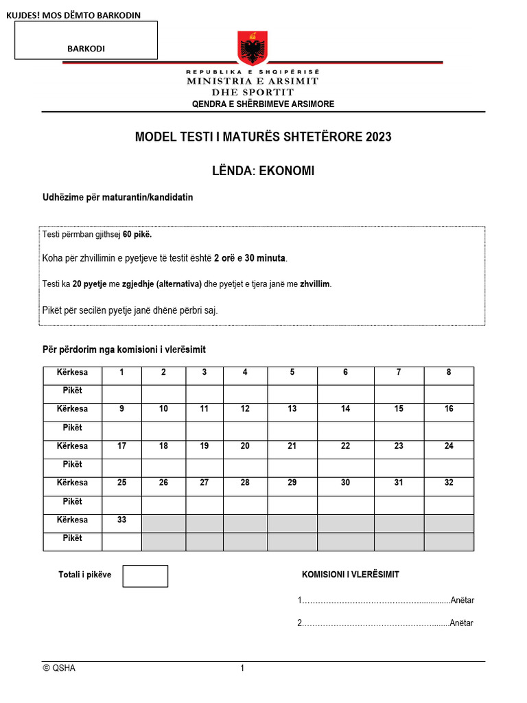 Ekonomi - Model Testi - Matura Shteterore 2023 | PDF