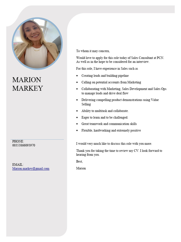 Marion Markey Cover Letter | PDF