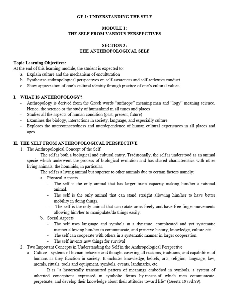3 - The Anthropological Self | PDF | Anthropology | Self