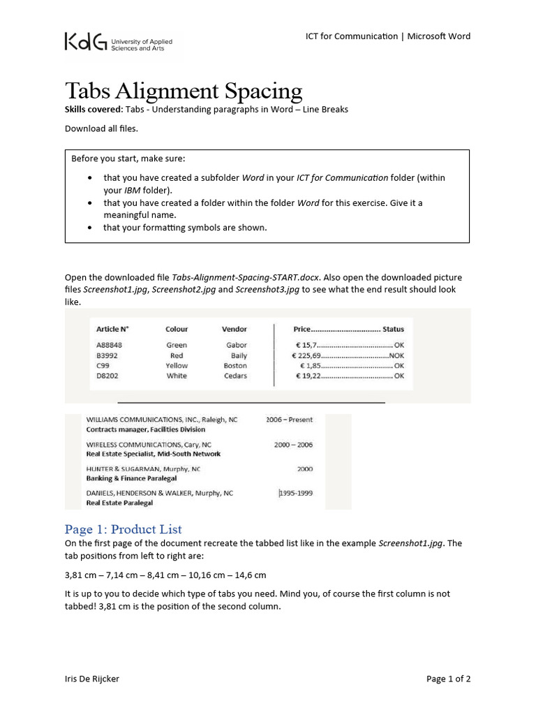 Tabs Alignment Spacing Instructions Pdf 