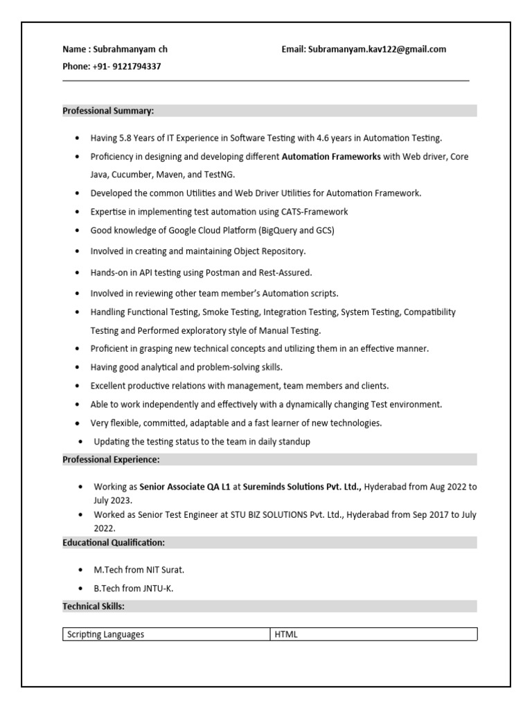 Resume Subbu | PDF | Software Testing | Automation
