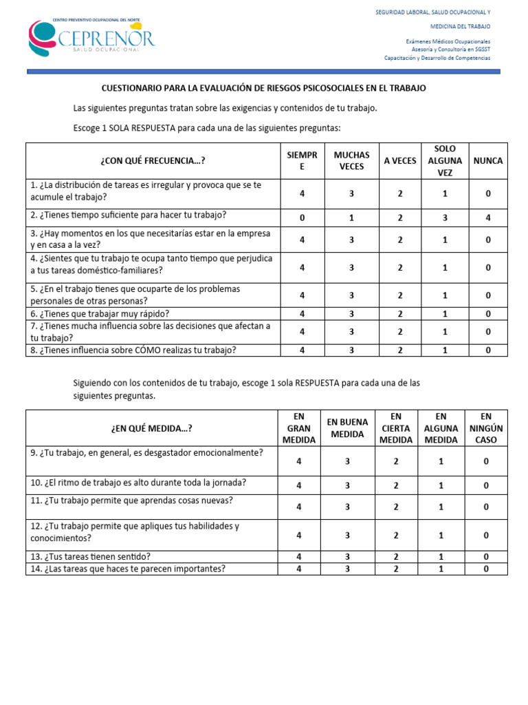 Cuestionario para La Evaluación de Riesgos Psicosociales en El Trabajo | PDF | Seguridad y salud ...