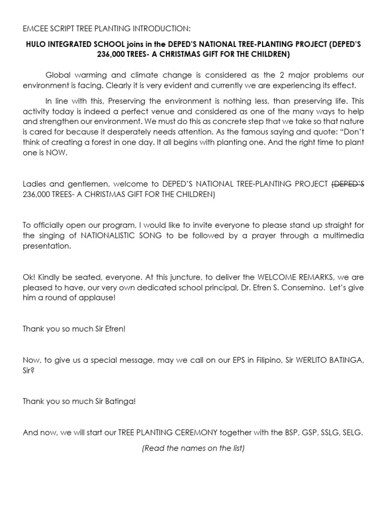 EMCEE SCRIPT TREE PLANTING | PDF