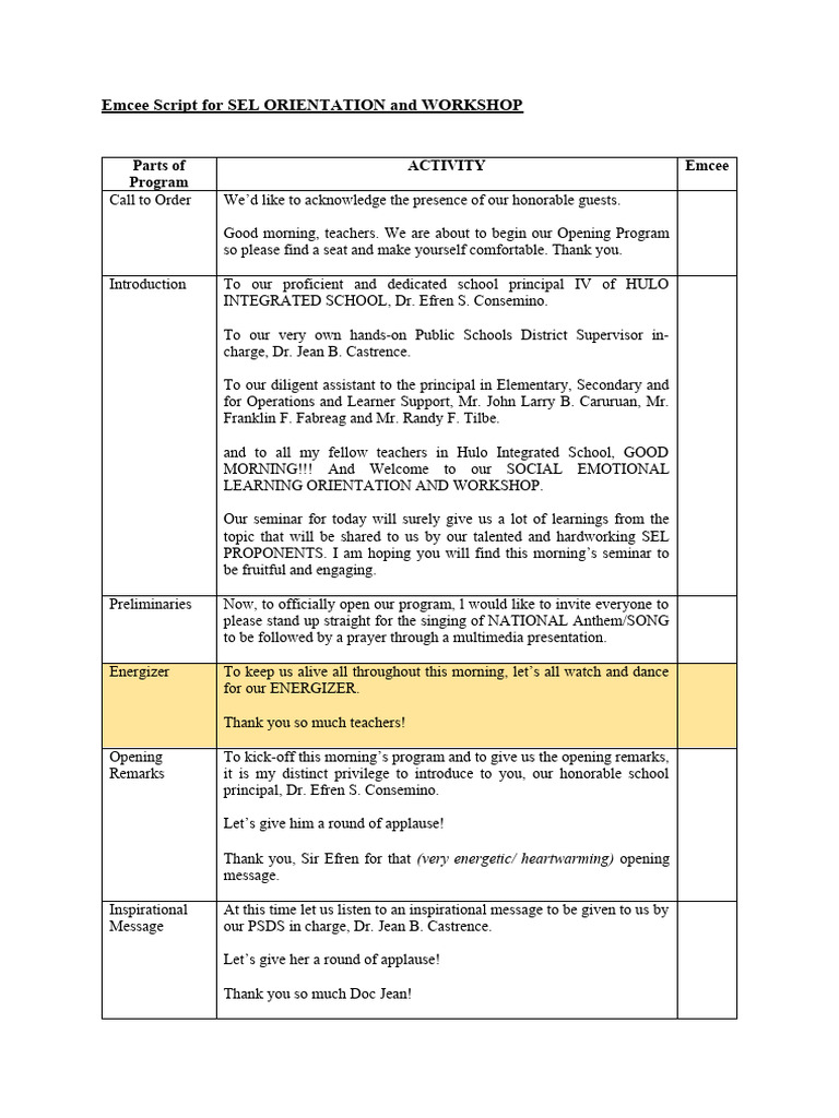 Emcee Script For SEL ORIENTATION and WORKSHOP | PDF | Cognition ...