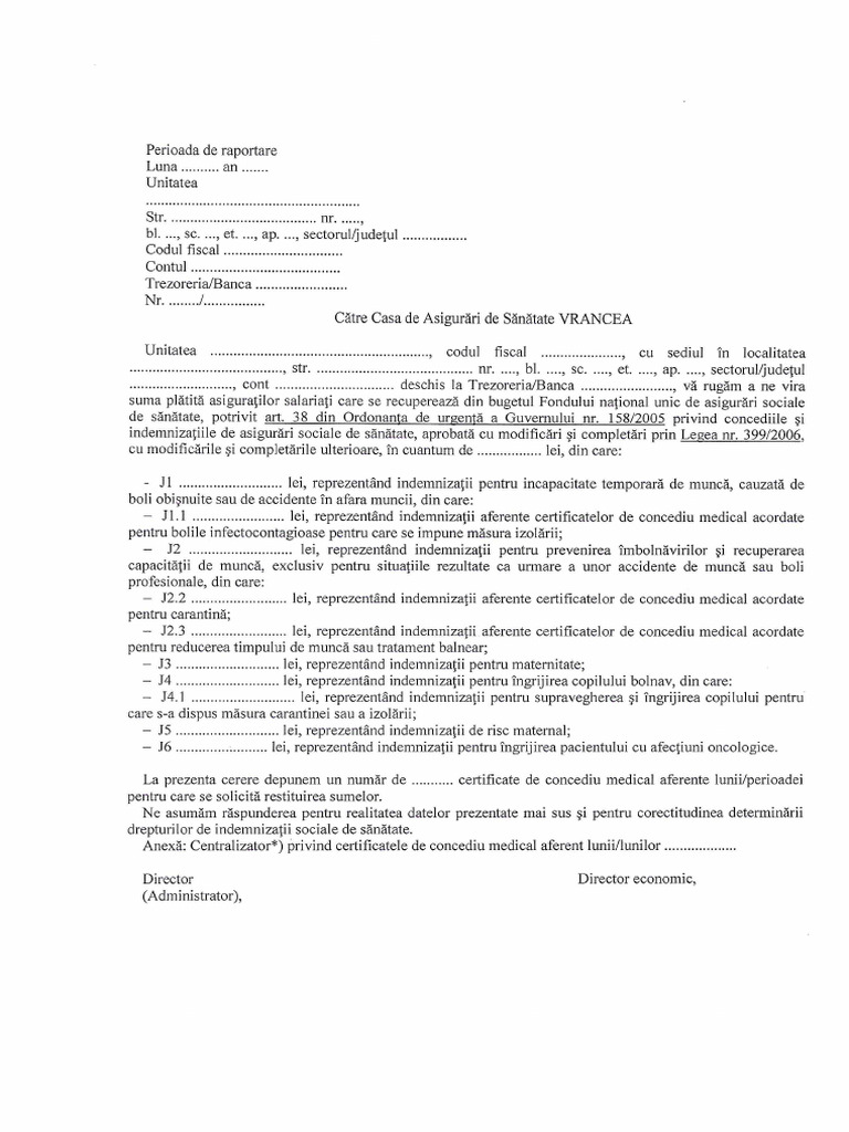 CAS VRANCEA- Model Cerere Recuperare Sume CM | PDF