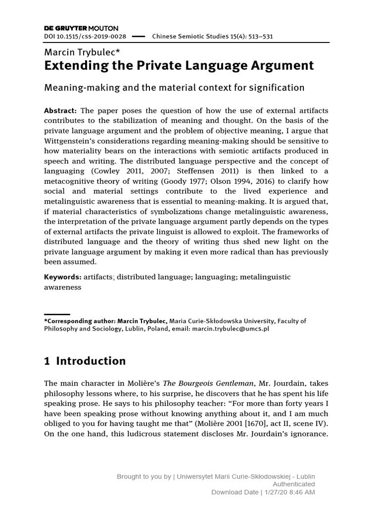 Trybulec Marcin Extending The Private Language Argument | PDF | Linguistics | Thought