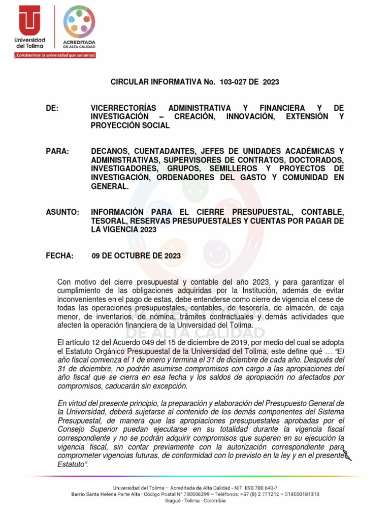 Circular Informativa 103-027 Cierre de Vigencia 20 - 231206 - 163242 | PDF | Contabilidad ...