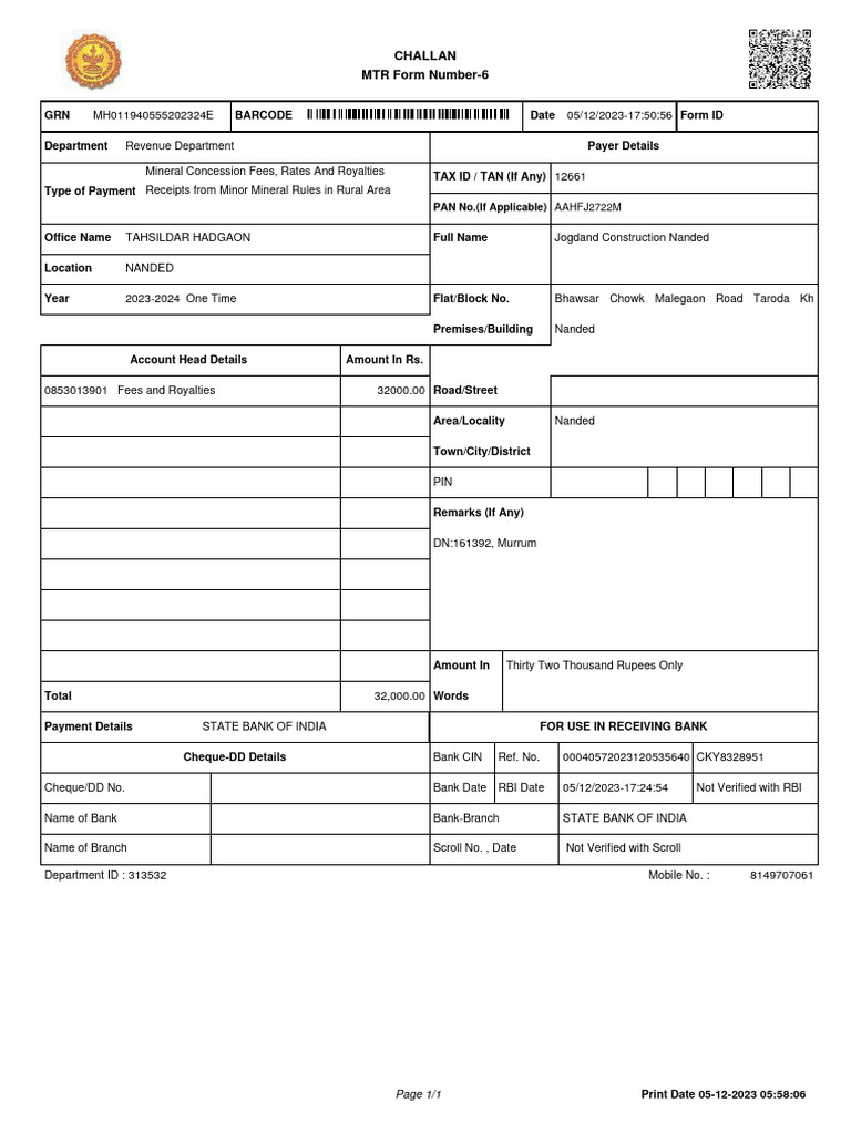Challan MTR Form Number-6: PAN No. (If Applicable) AAHFJ2722M | PDF ...