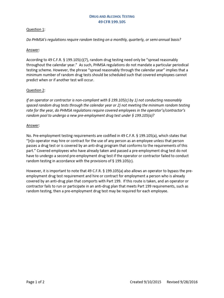 PHMSA Drug Testing Regulations Overview | PDF | Employment | Code Of ...