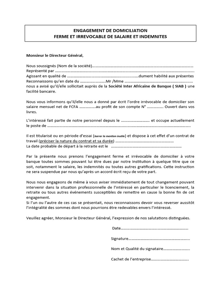Engagement irrévocable de domiciliation salaire | PDF | Finance et ...