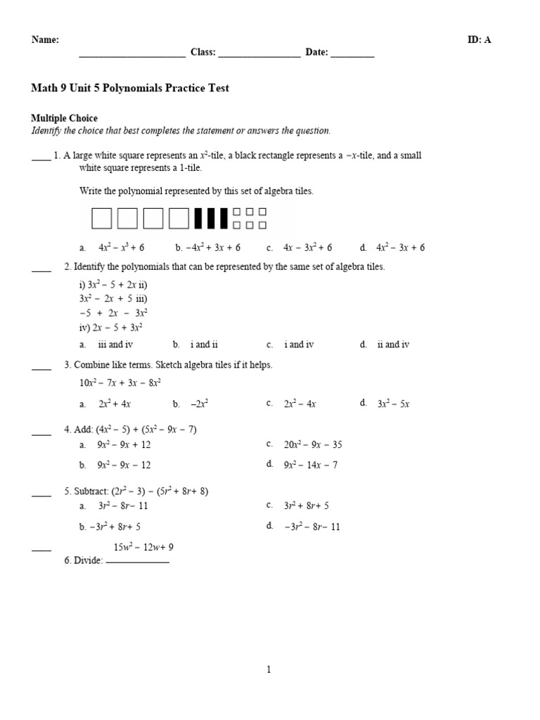 Practice Test | PDF | Polynomial | Equations
