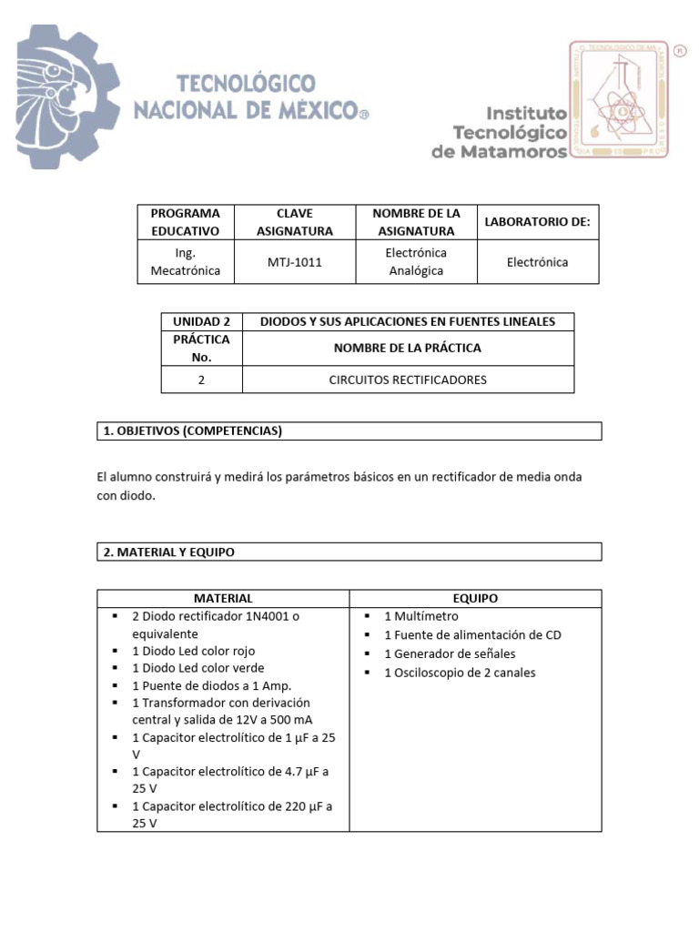 Práctica 2 U2 Circuitos Rectificadores Electrónica Analógica IMCT | PDF ...