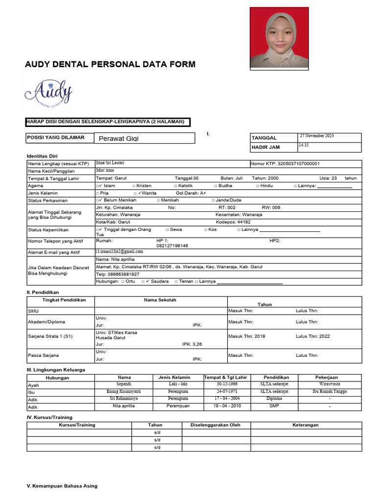 Audy Dental Personal Data Form | PDF