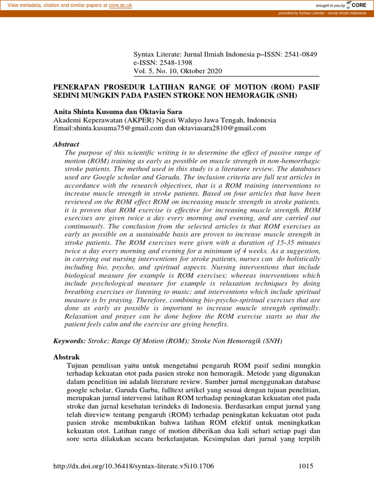 Penerapan Prosedur Latihan Range of Motion (Rom) Pasif Sedini Mungkin ...